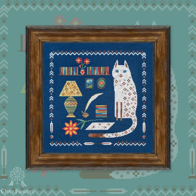 Printed embroidery chart “The Cat and the Poetry” – Owlforest Embroidery