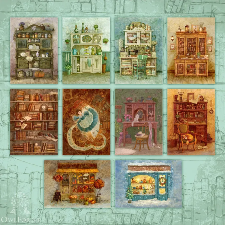 “Bookcases and Cupboards” Postcard Set – Owlforest Embroidery