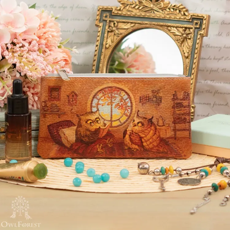 “Melancholy Time” Leather Zipper Pouch – Owlforest Embroidery