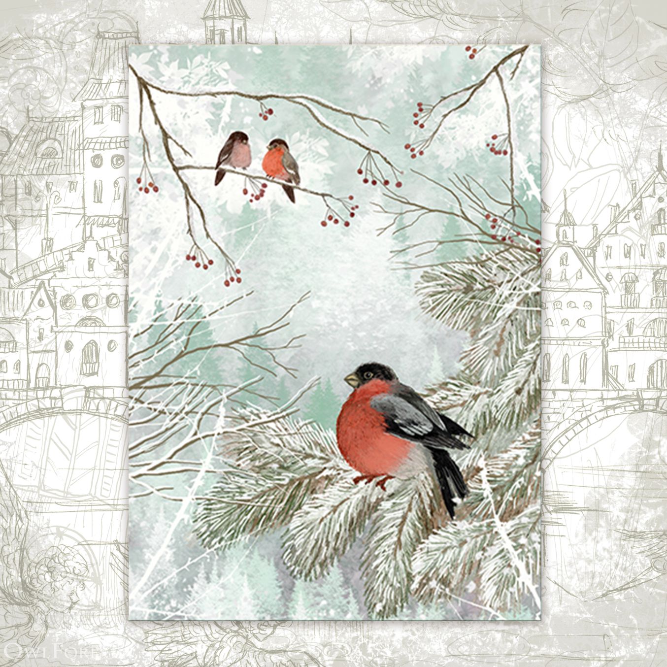“Bullfinches” Postcard – Owlforest Embroidery
