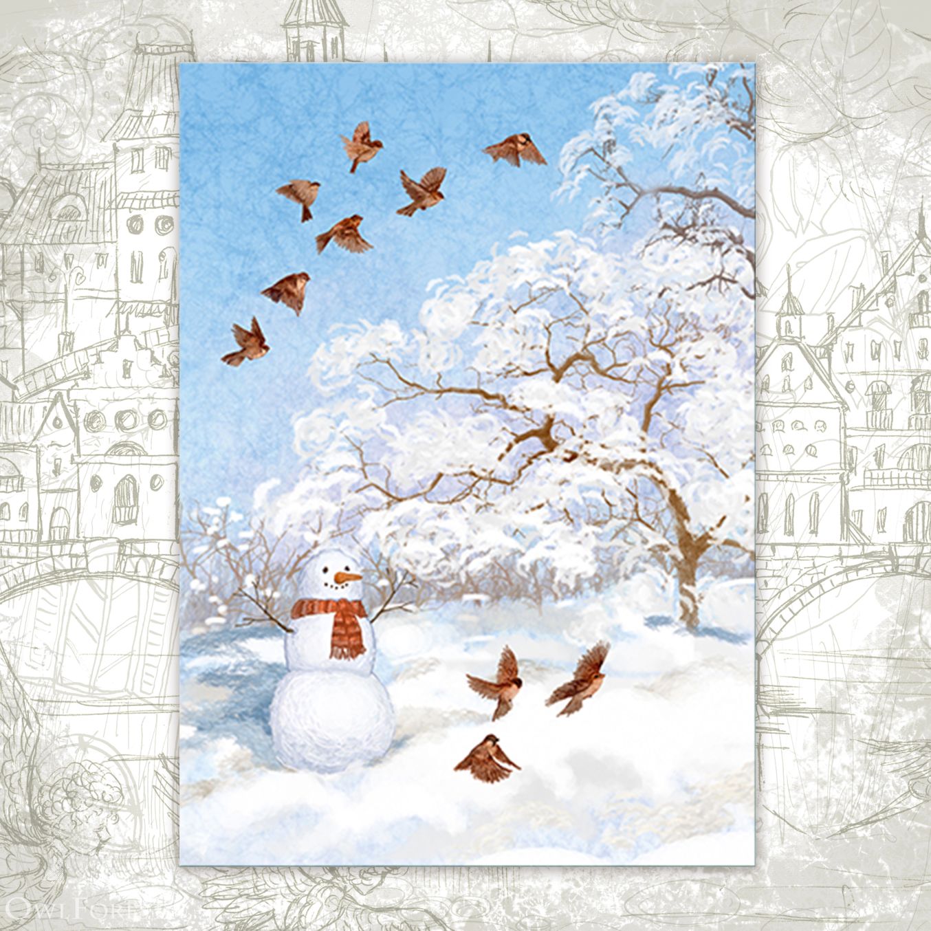 “Visiting the Snowman” Postcard – Owlforest Embroidery