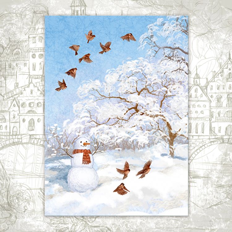 “Visiting the Snowman” Postcard – Owlforest Embroidery