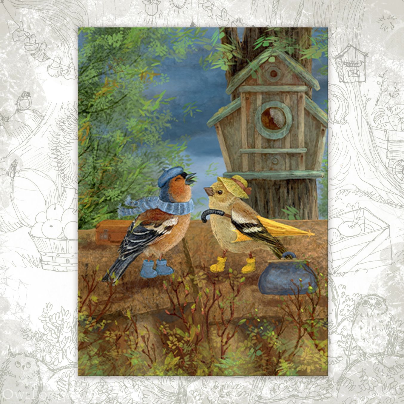 “Mr. and Mrs. Finch” Postcard – Owlforest Embroidery