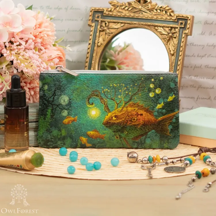 “River Druid” Leather Zipper Pouch – Owlforest Embroidery