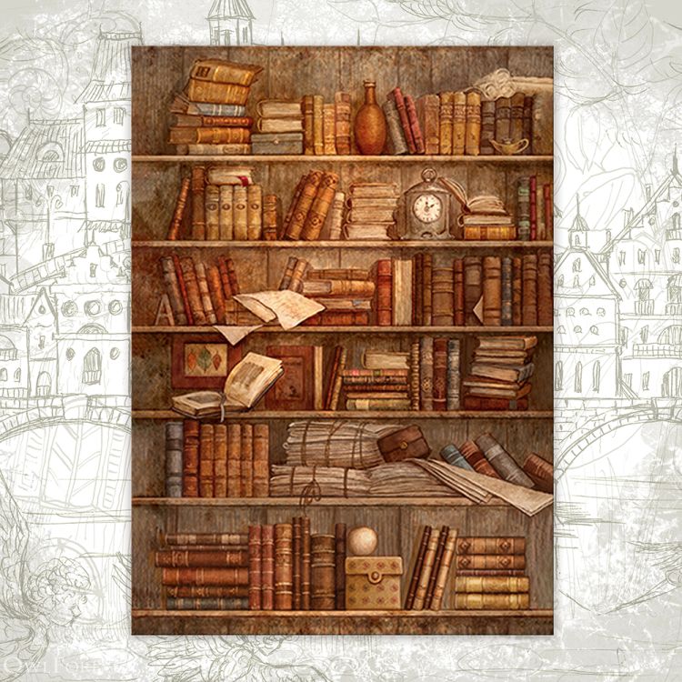 “Bookcase” Postcard – Owlforest Embroidery