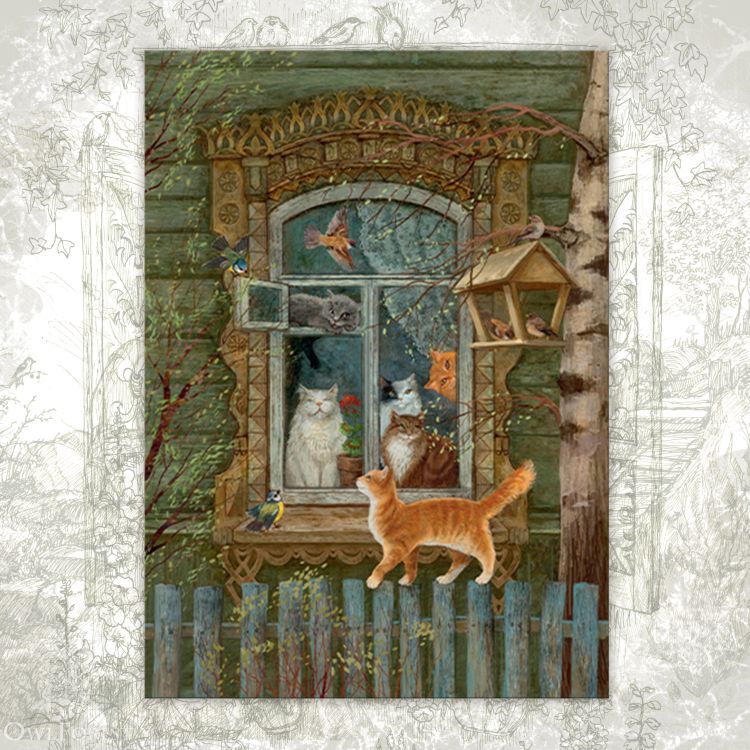 “March Cats” Postcard – Owlforest Embroidery